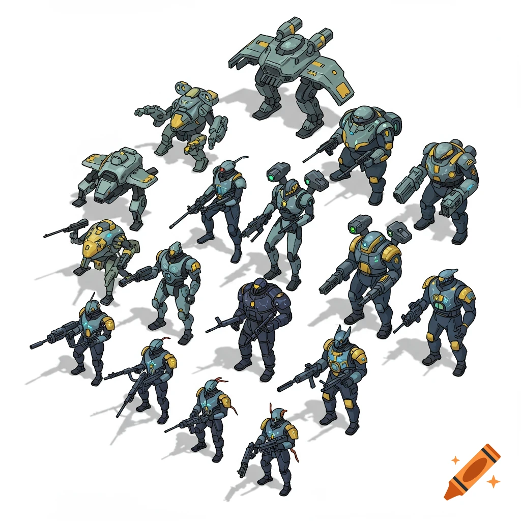 Isometric view of various sci-fi robot army units on a white background ...