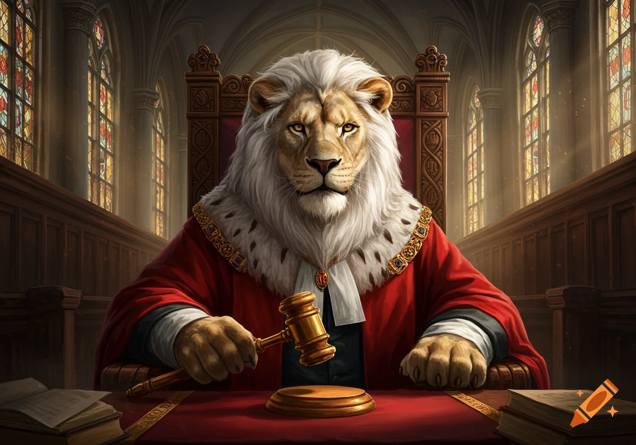 An anthropomorphic lion judge in red robes holds a gavel in a courtroom ...