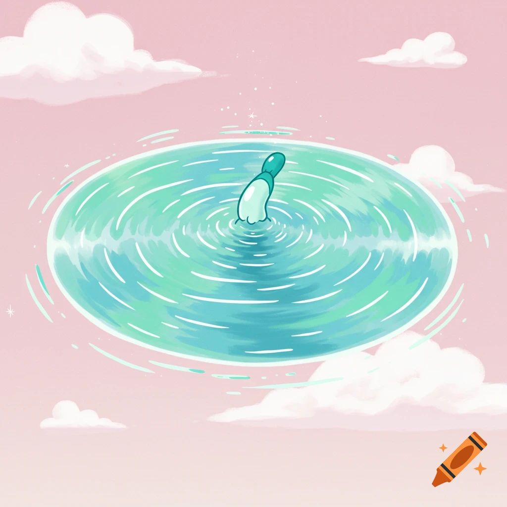 Cartoon creature emerges from rippling water under a pink sky, in ...