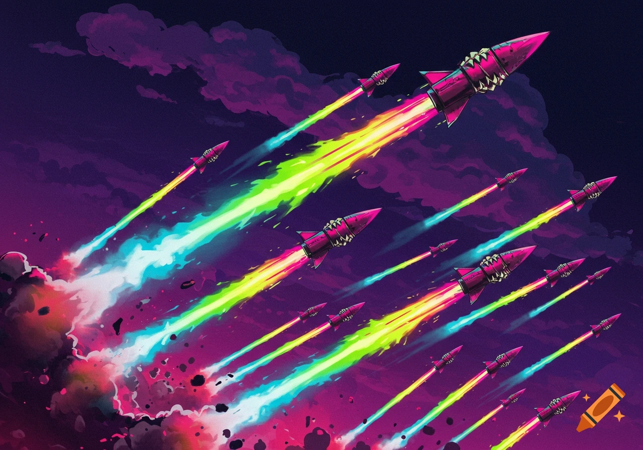 Cartoon rockets shaped like teeth launching with vibrant trails through ...