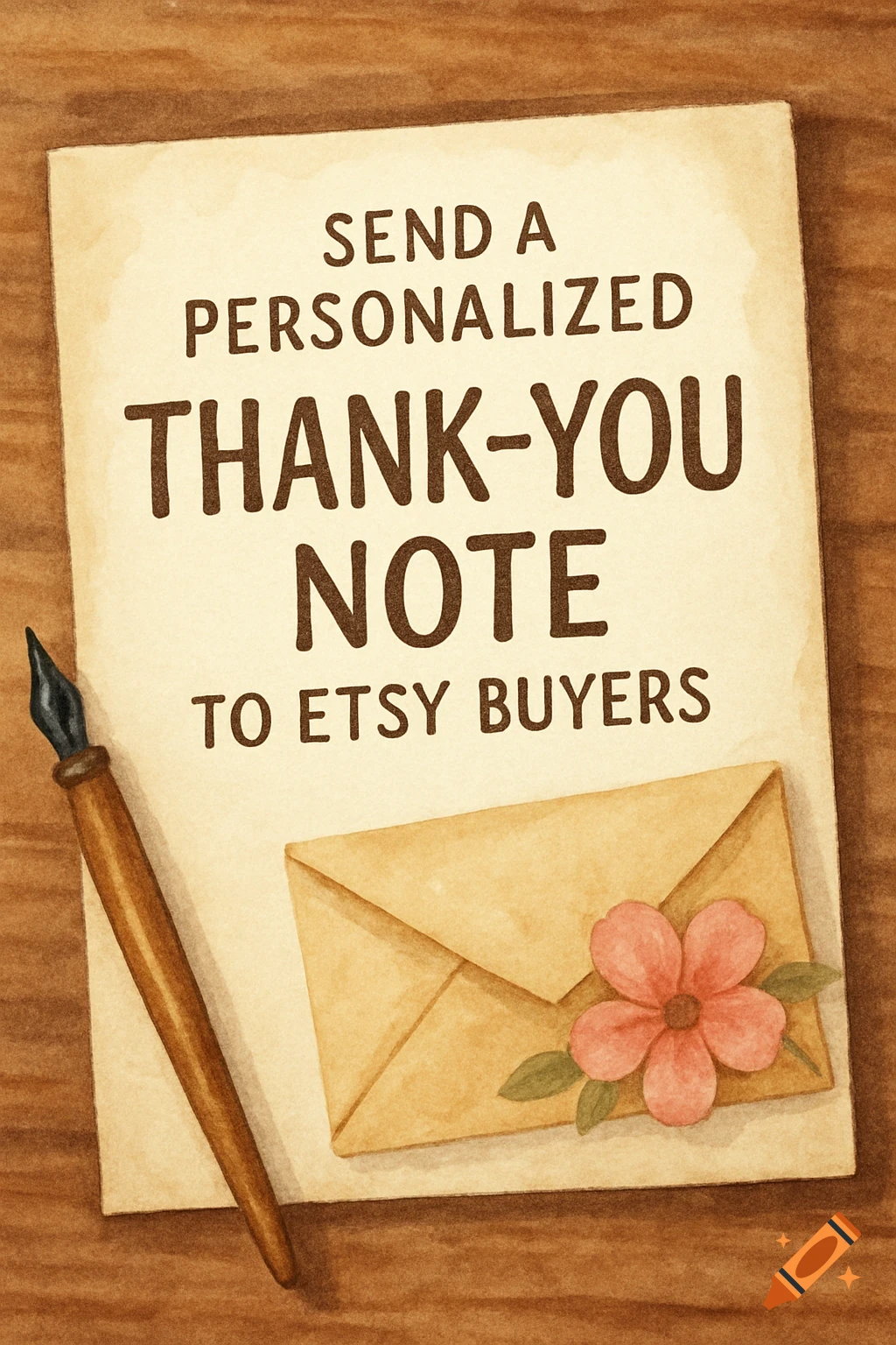 A watercolor illustration of a thank-you note, ink pen, and envelope on ...