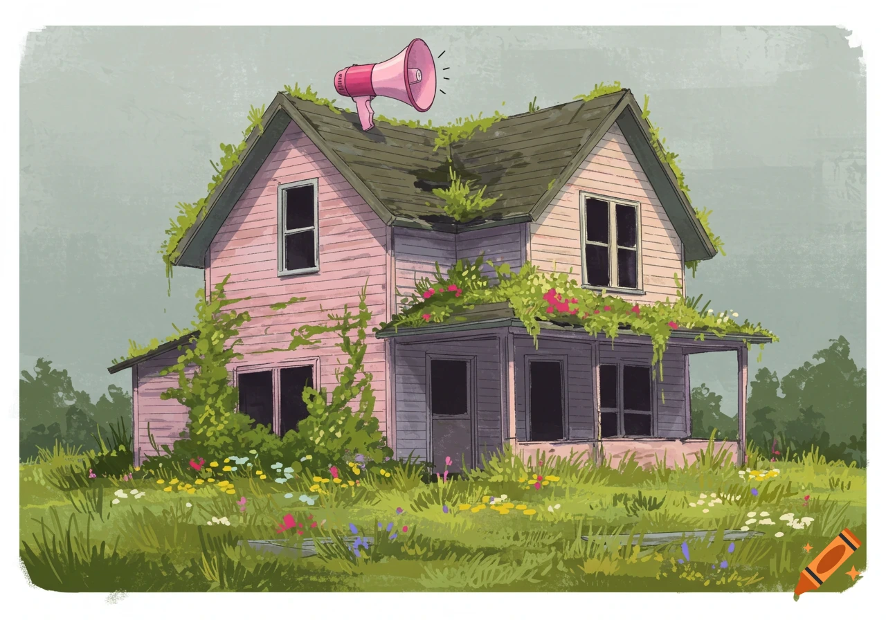 Illustration of an overgrown pink house with a pink megaphone on the ...