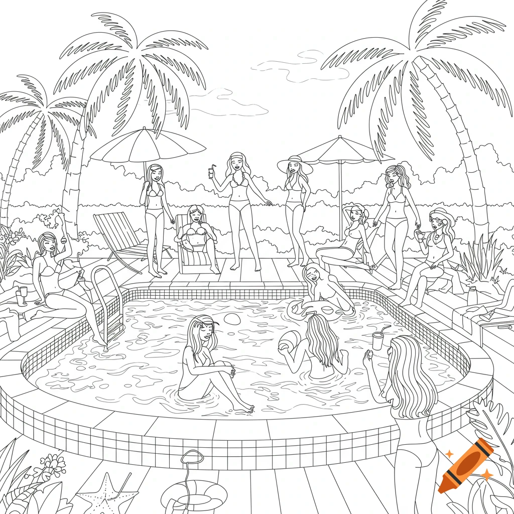 Black and white outline drawing of women at a pool party with palm ...