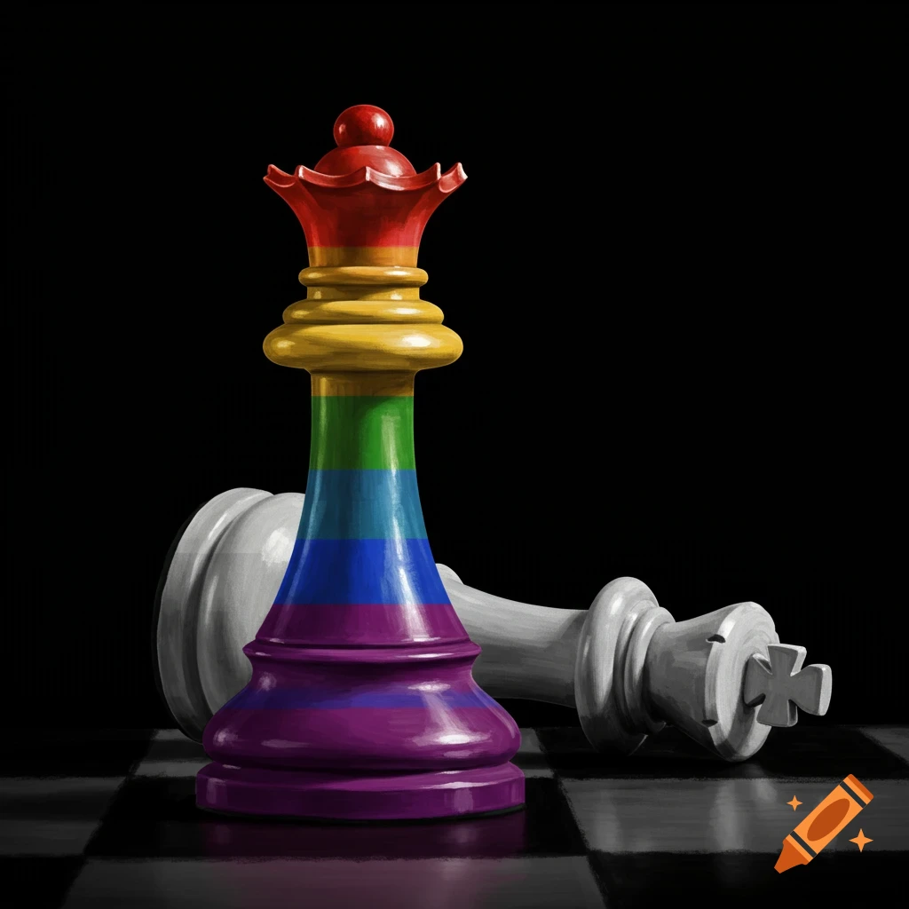A queen chess piece painted in pride flag colors stands next to a ...