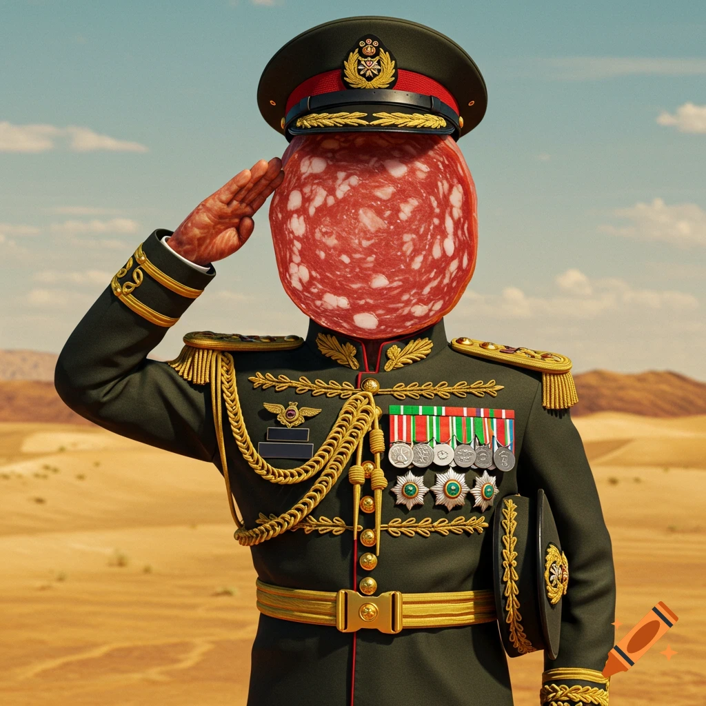 A salami head in a military uniform saluting in a desert landscape. on Craiyon