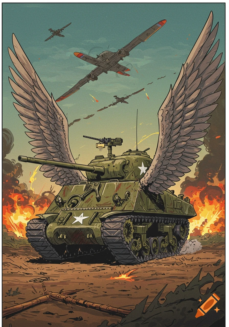 An M4 Sherman tank with large bird wings drives through a battle scene ...