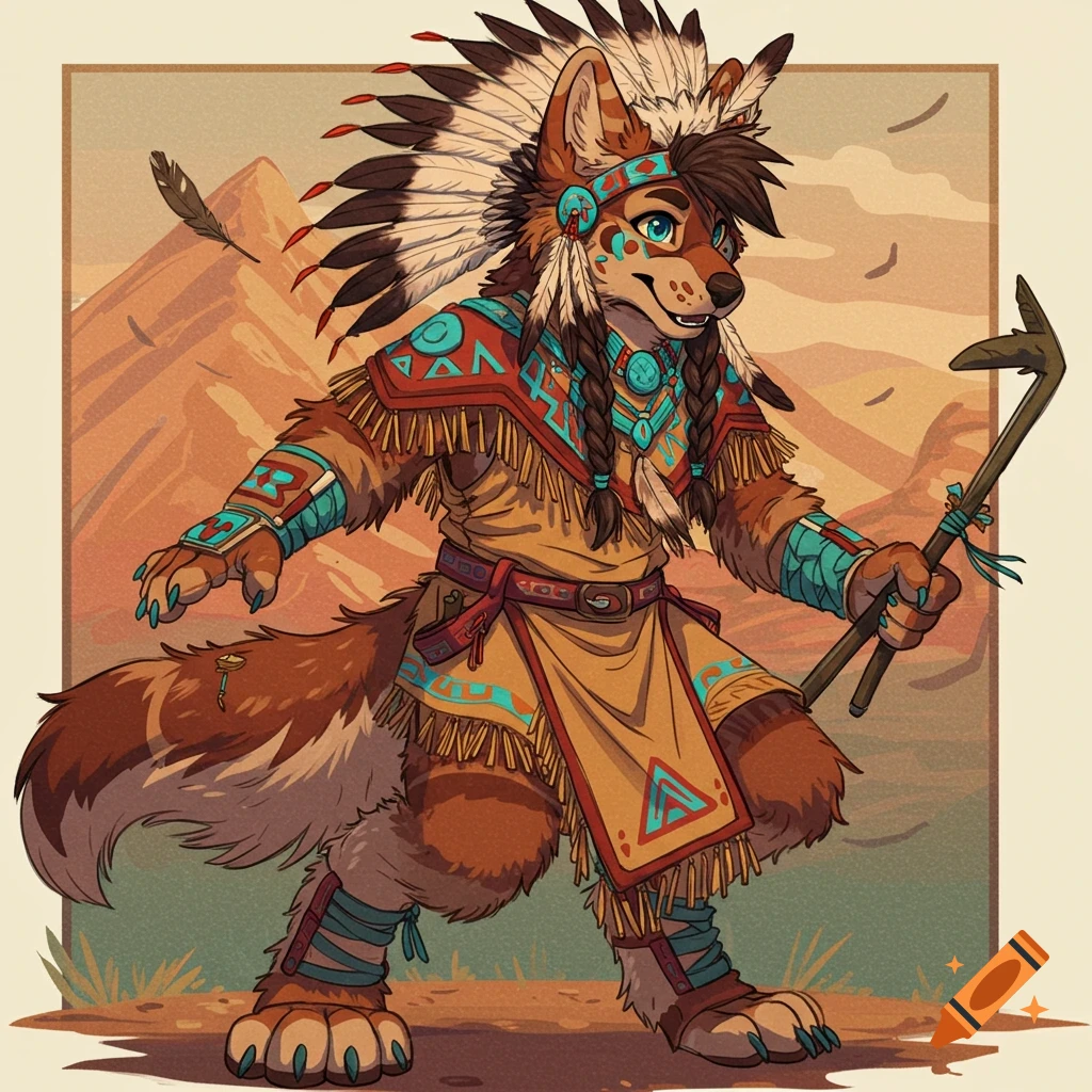 Anthropomorphic wolf in traditional Native American attire holding a ...