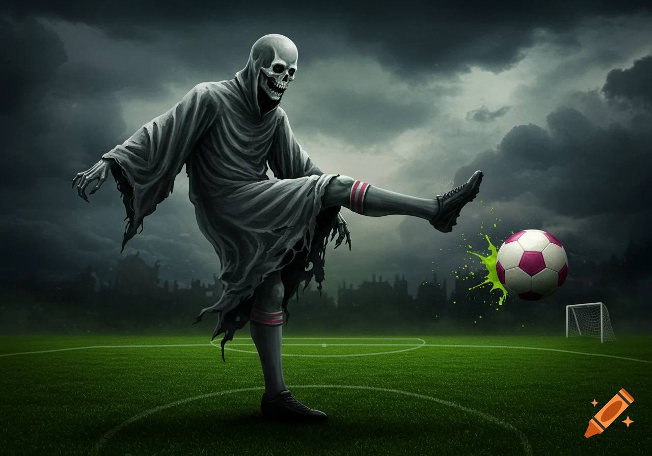 A grim reaper figure kicks a soccer ball on a green field under a dark ...