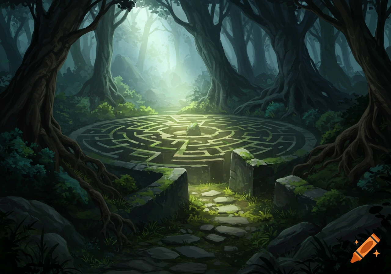 A circular stone maze lies in a clearing of a dark forest. on Craiyon