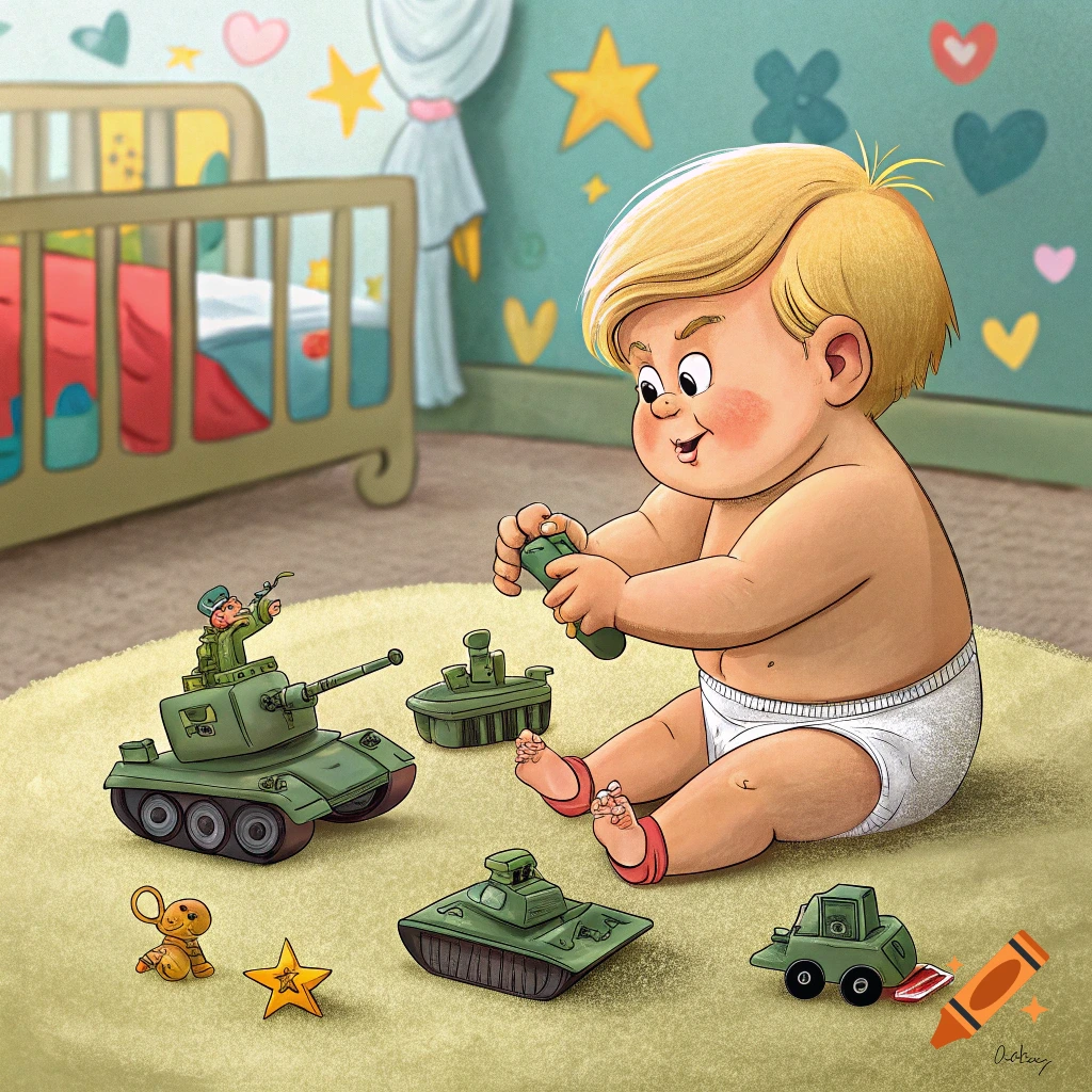 Cartoon baby resembling Trump in a diaper playing with toy tanks and ...