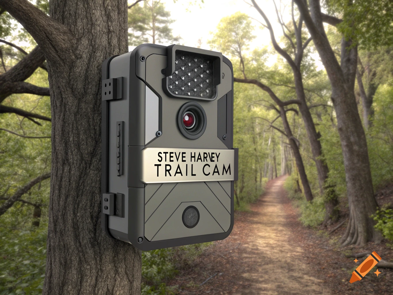A trail camera is mounted on a tree beside a forest path. on Craiyon
