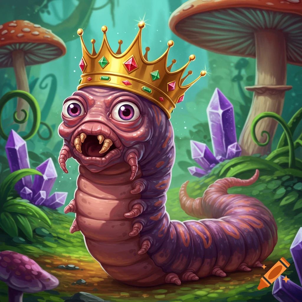 Cartoon illustration of a king worm wearing a golden crown in a fantasy forest with mushrooms ...