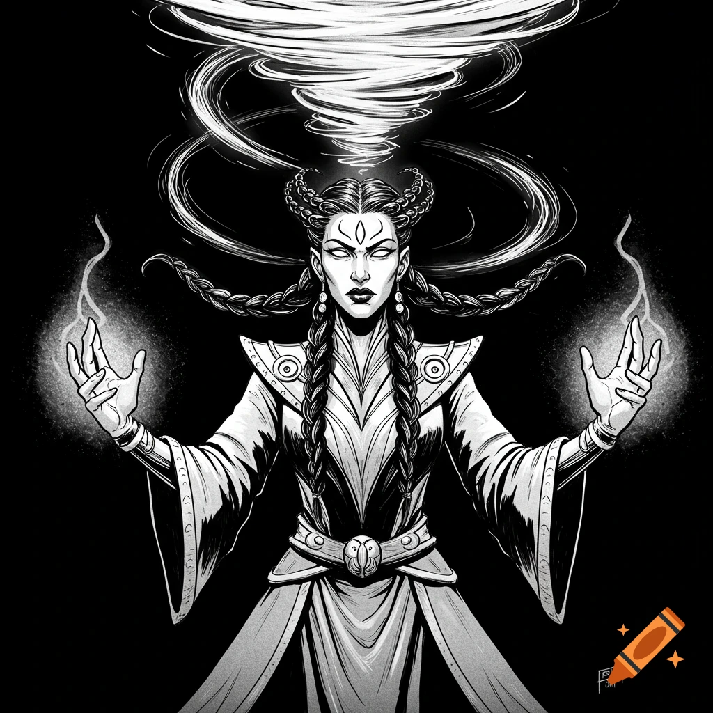 Black and white illustration of a powerful female wizard with a ...