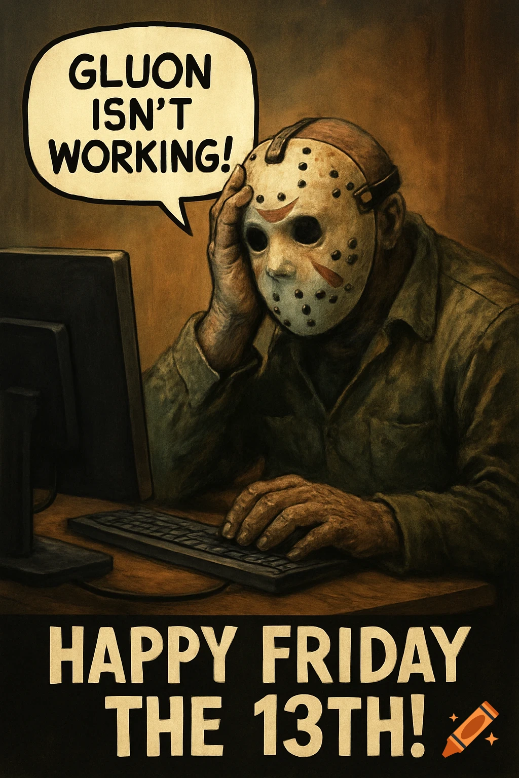 Jason Voorhees in mask looking frustrated at a computer with a speech ...