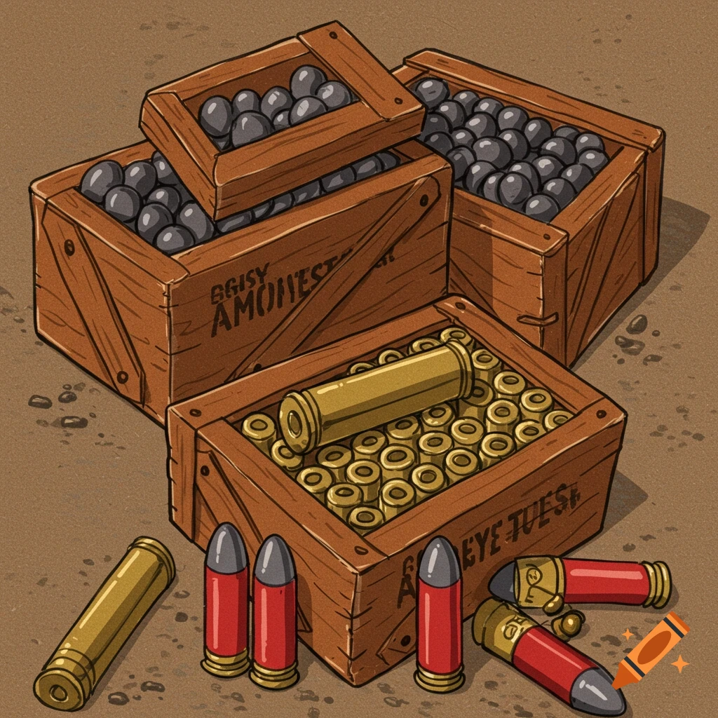 Cartoon illustration of wooden ammo boxes filled with bullets and ...