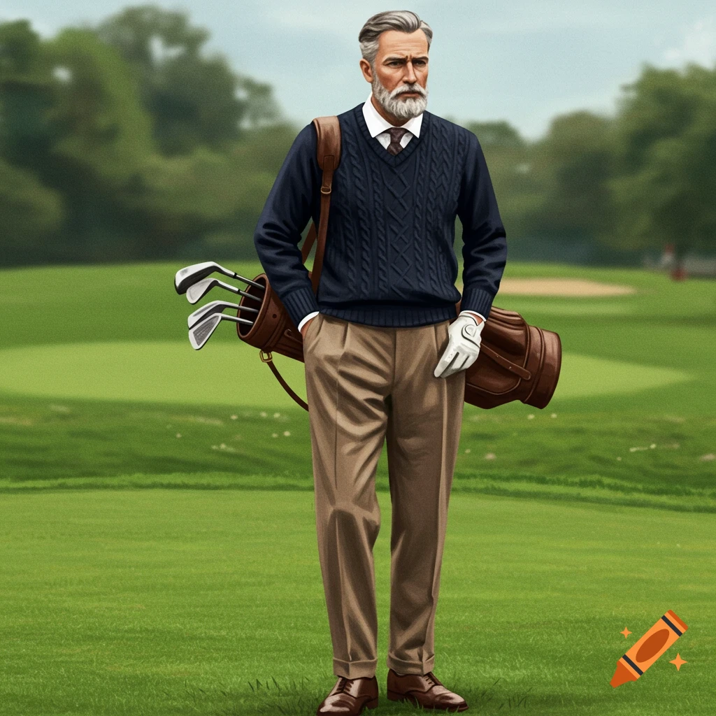 A distinguished gentleman in golf attire stands on a golf course ...