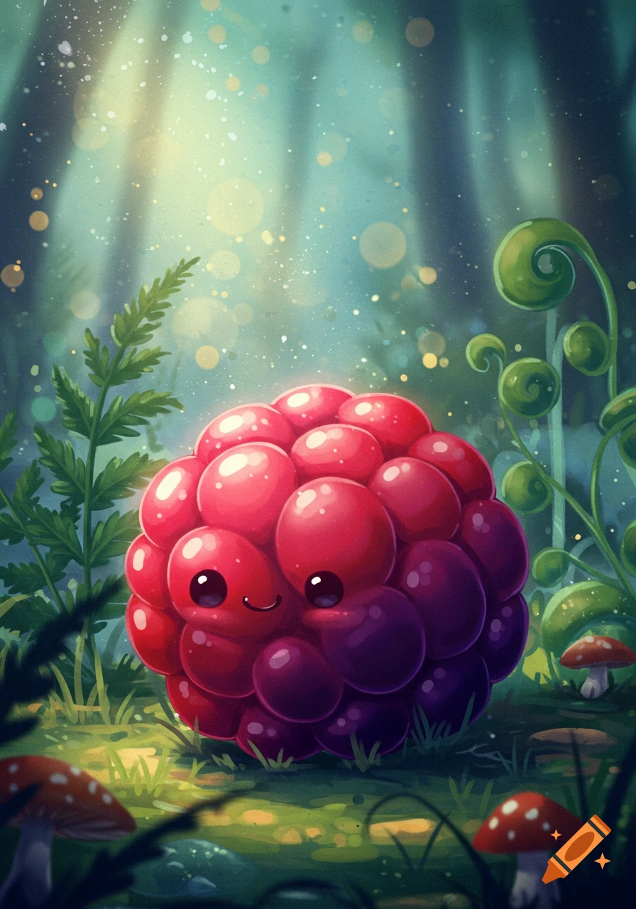 A cute red and purple berry creature with a face sits in a sunlit ...