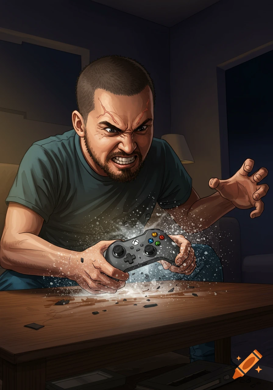 Illustration of an angry man slamming and breaking an Xbox controller ...