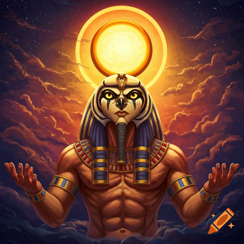 Illustration of the Egyptian sun god Ra with a sun disk against a ...