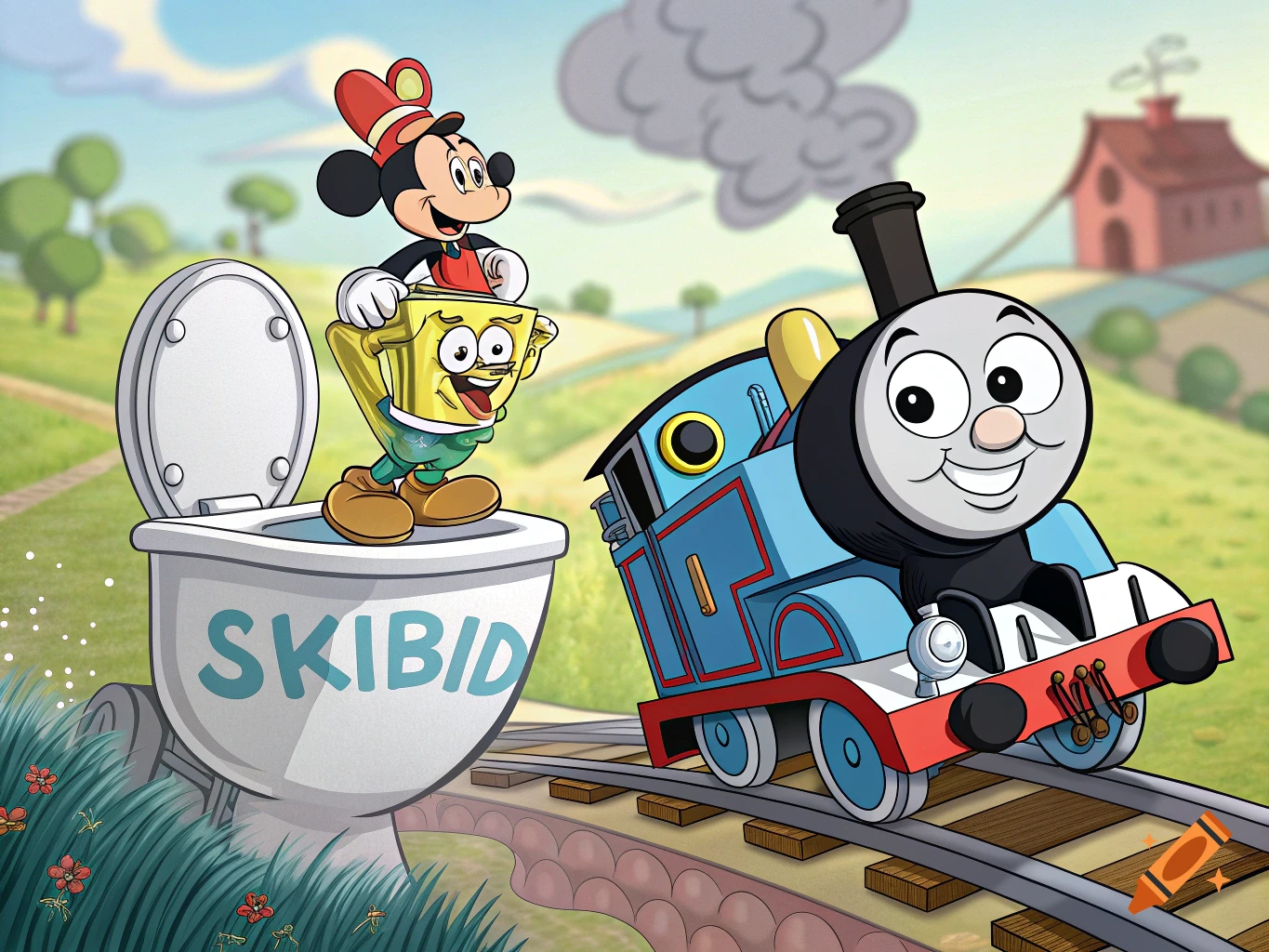 Mickey Mouse riding Spongebob standing on a toilet with SKIBID text ...