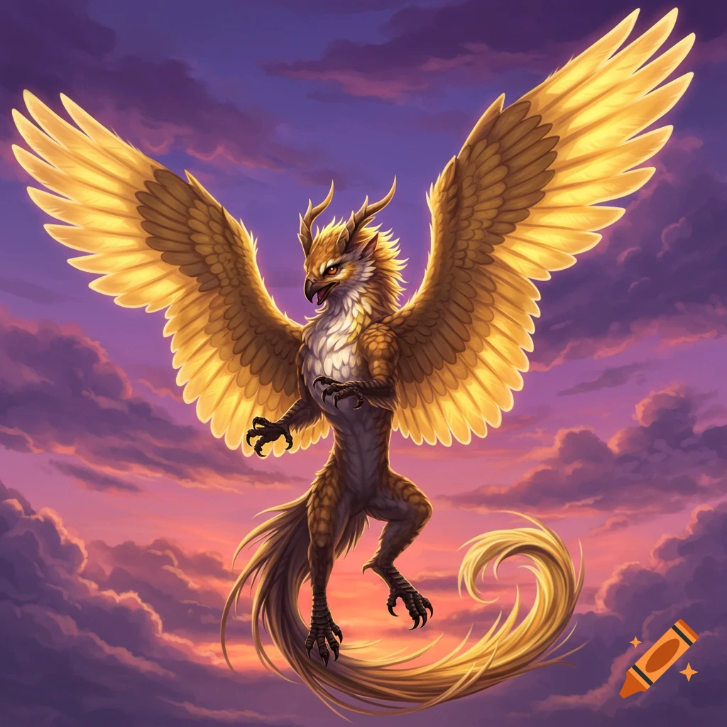 A golden griffin flies with wings spread against a vibrant sunset sky ...