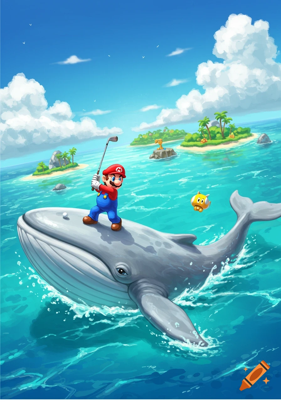 Super Mario golfing on a whale in the ocean with islands and a golf ...