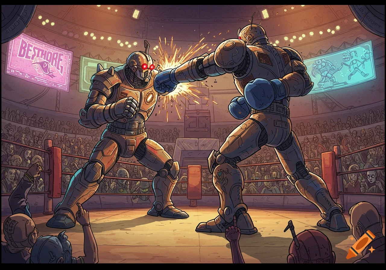 Two detailed robots boxing in a ring with a crowd watching ...