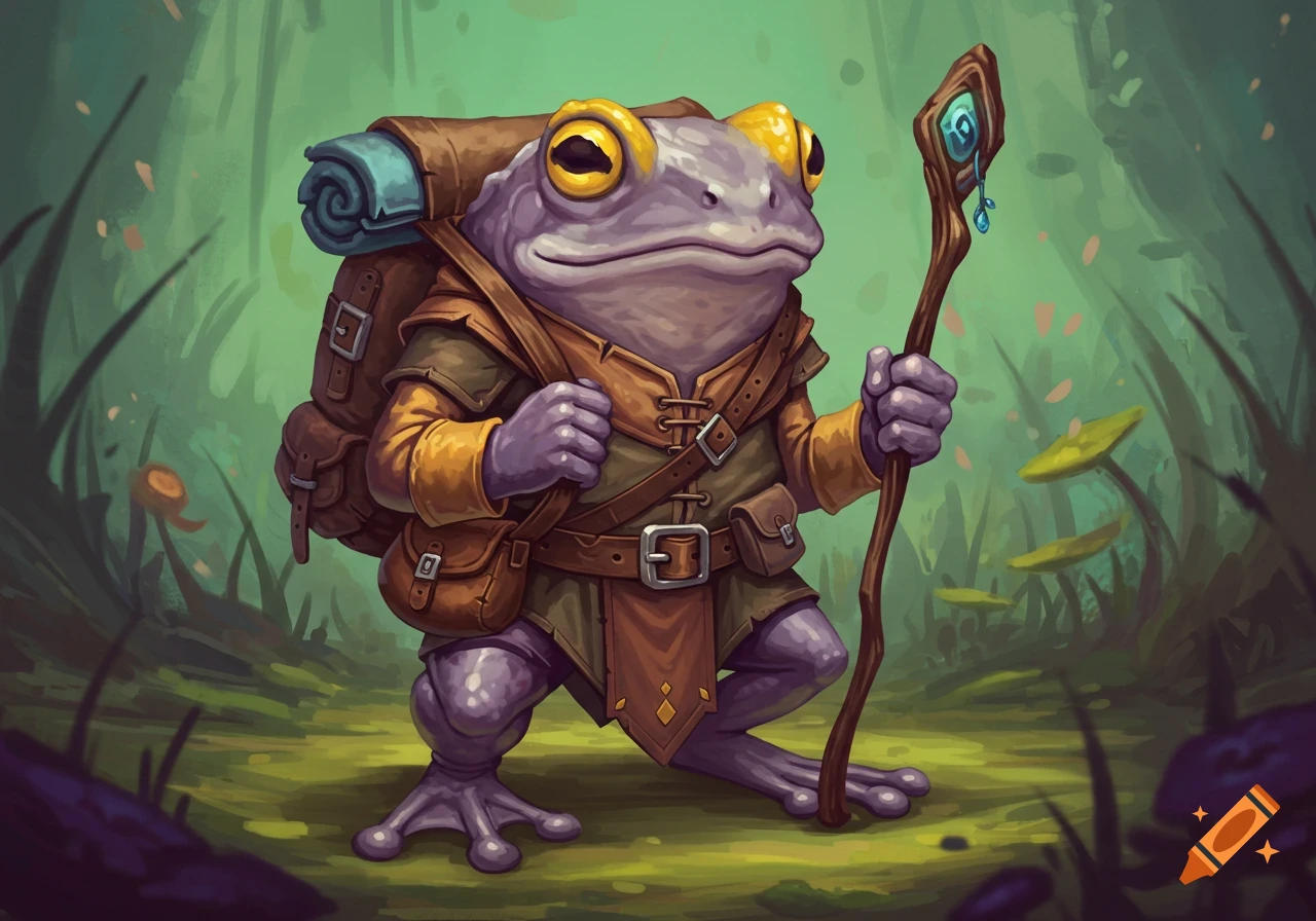A purple and grey frog adventurer with a backpack and staff stands in a ...