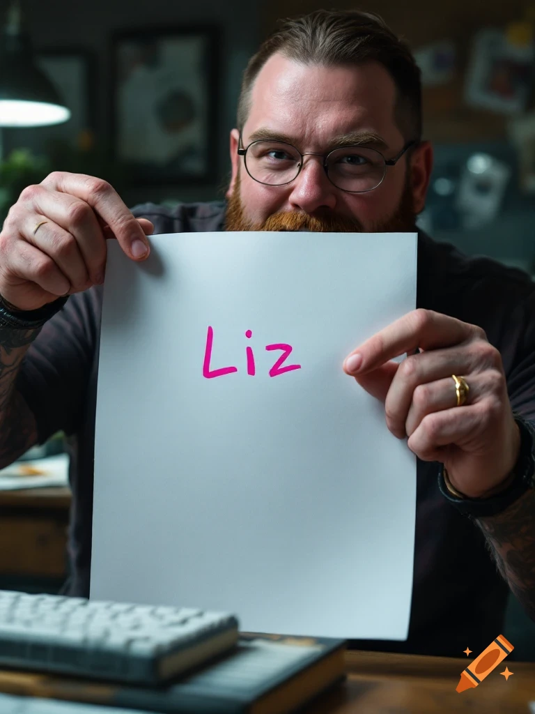 Realistic portrait of a man holding a paper sign with "Liz" written in ...