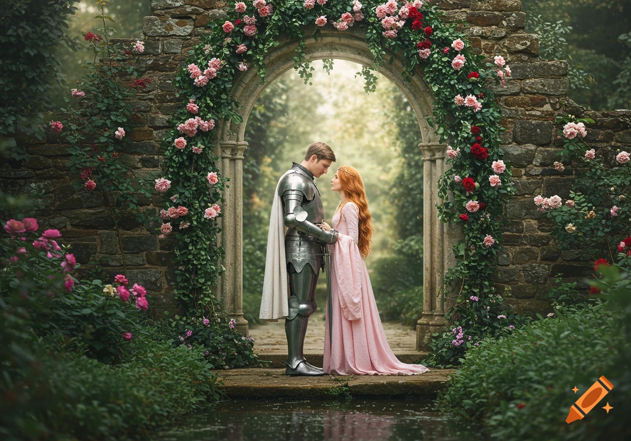 A knight and princess stand under a rose-covered stone archway in a ...