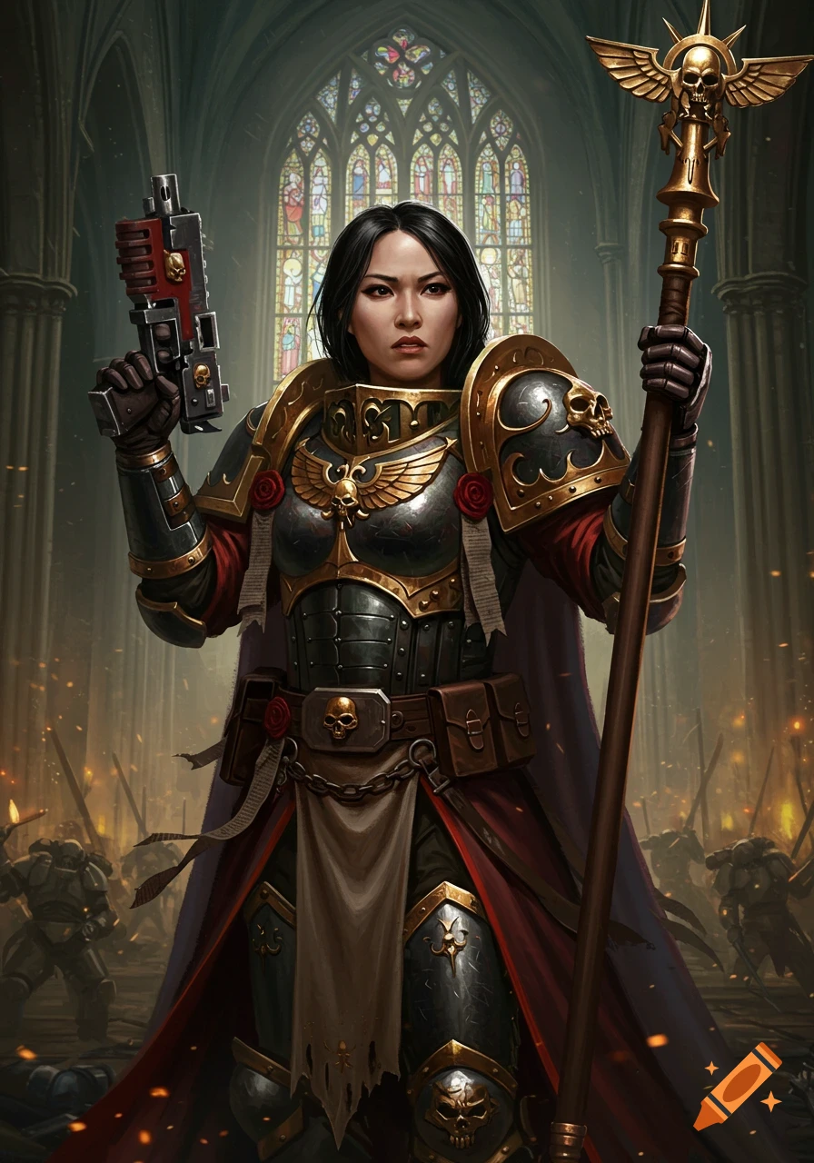 Warhammer 40k female inquisitor in armor with gun and staff in gothic ...
