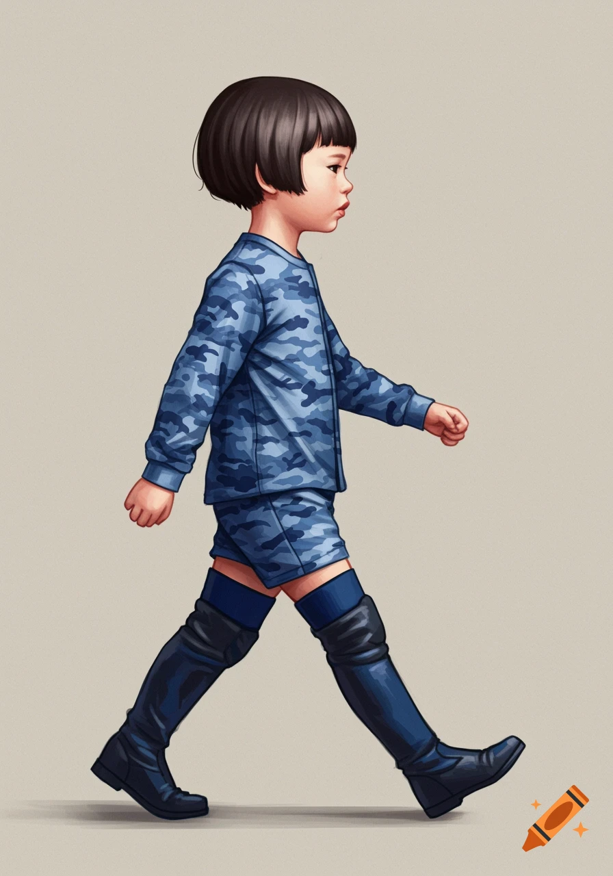 Stylized illustration of a young child marching in blue camouflage ...