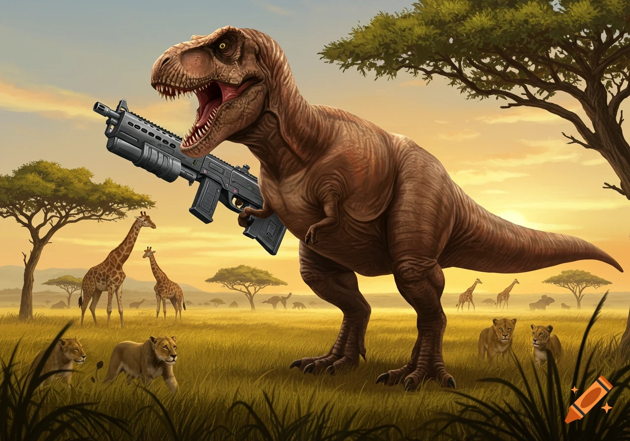 A T-Rex dinosaur holds a large gun in a savanna landscape with giraffes ...