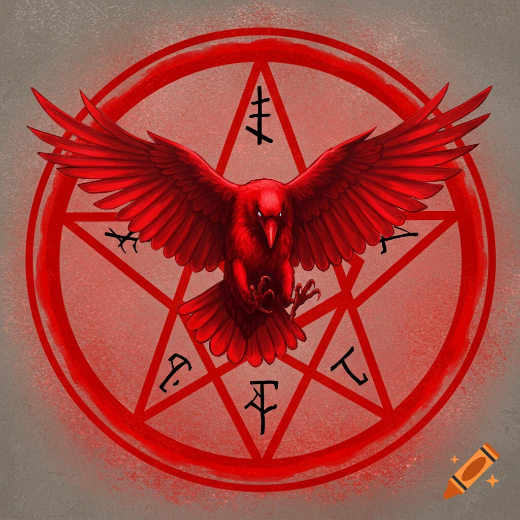 A red crow with spread wings inside a red pentagram surrounded by dark ...