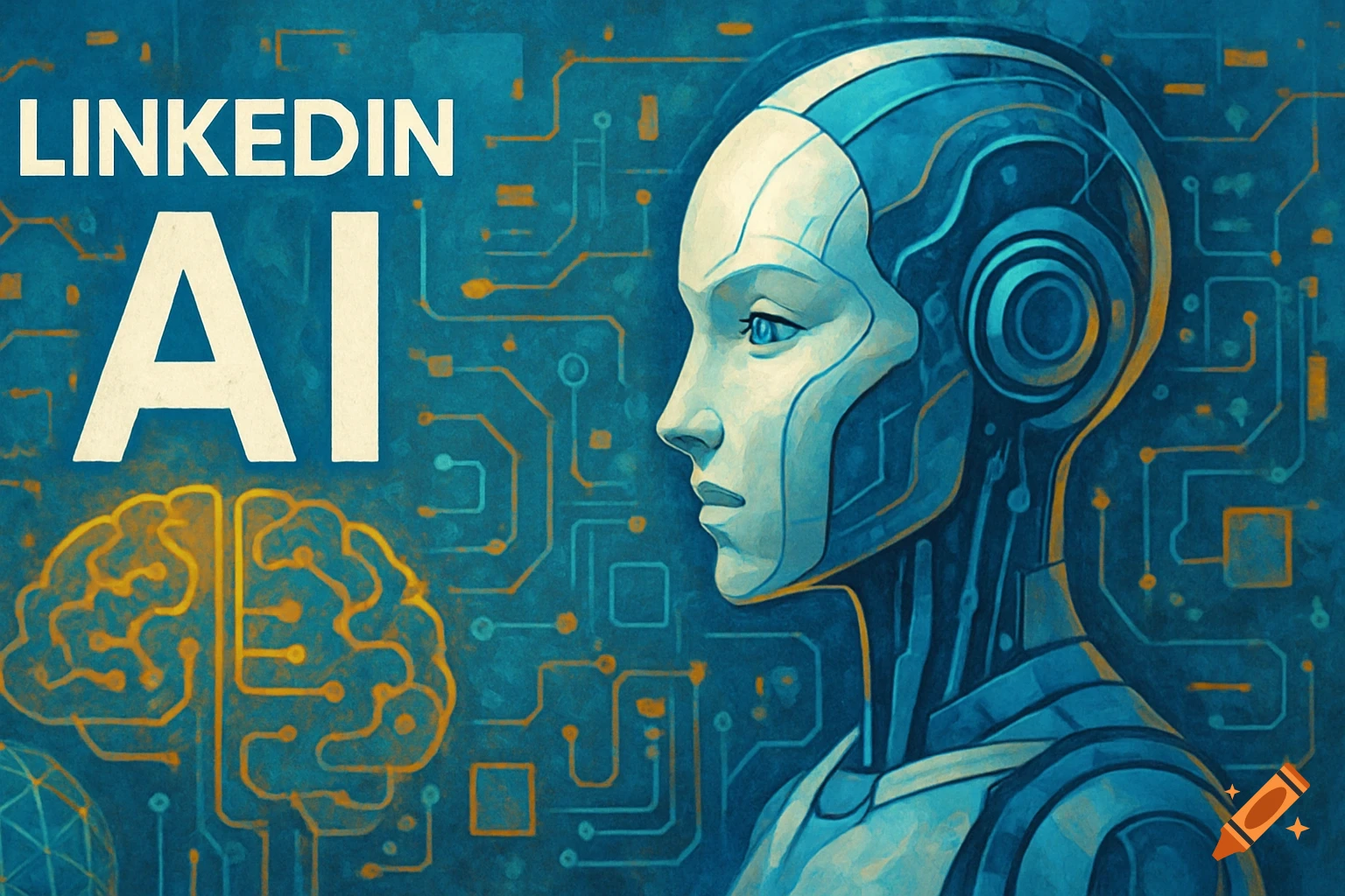 AI robot face and circuit brain on blue background with 'LINKEDIN AI ...