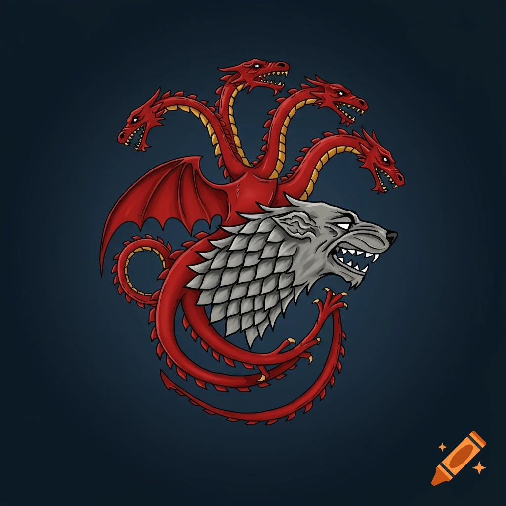 Stylized crest featuring a red multi-headed dragon entwined with a grey ...