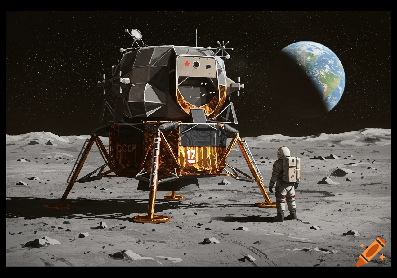 An astronaut stands next to a stylized Soviet lunar module on the moon ...