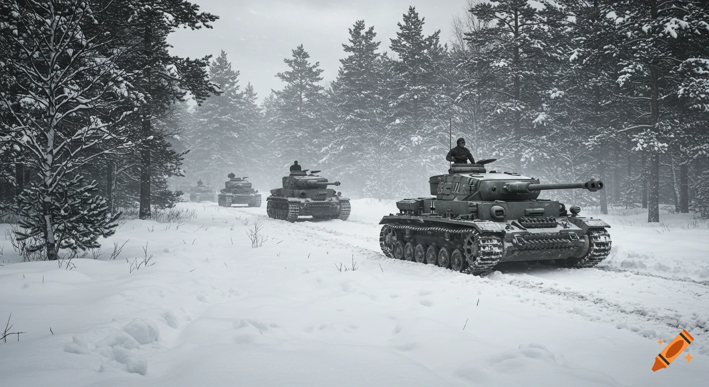 Panzer IV tanks advancing through a snowy forest in black and white. on ...