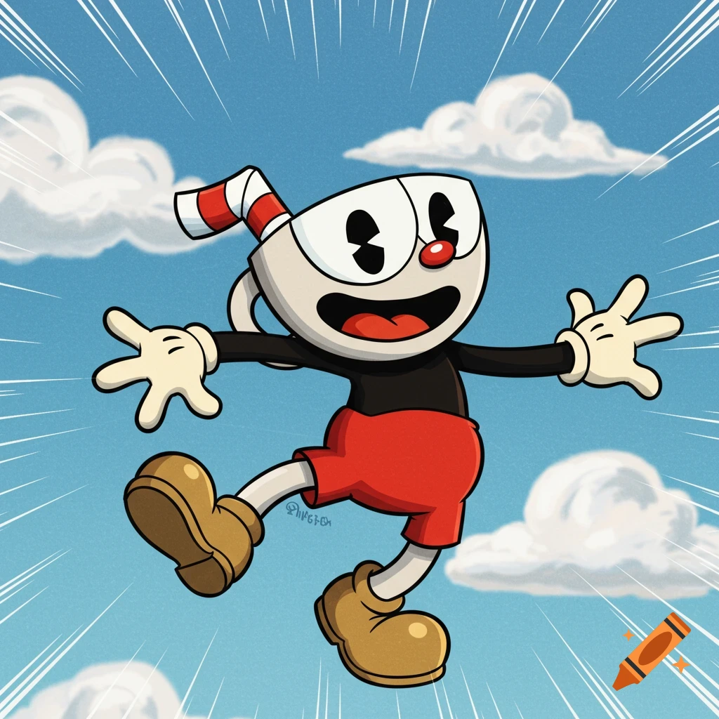 Cuphead, the cartoon character, jumps happily in the sky. on Craiyon
