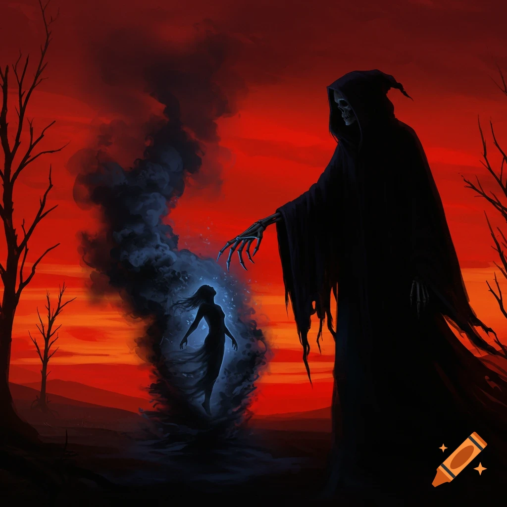 Grim Reaper reaches for spectral figure rising from smoke under dark ...
