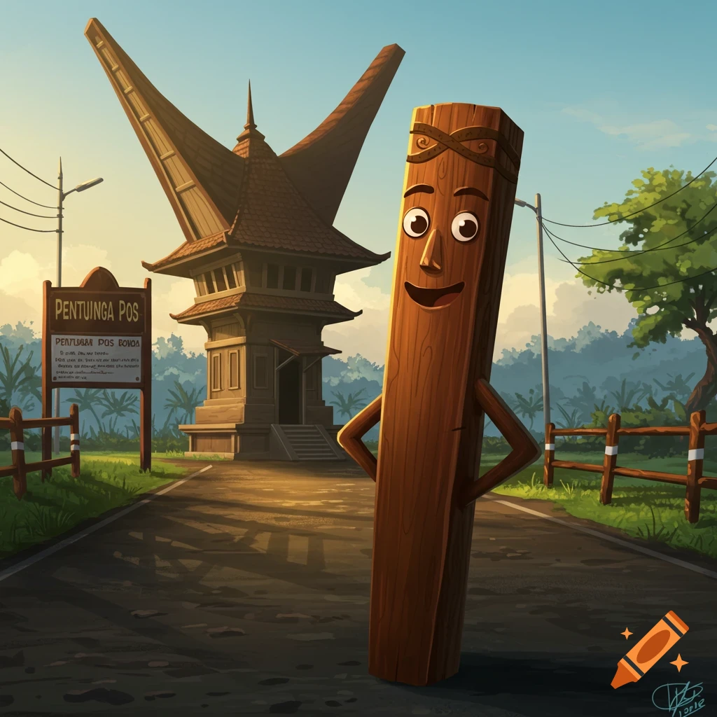 Cartoon wooden baton character in front of traditional Indonesian ...