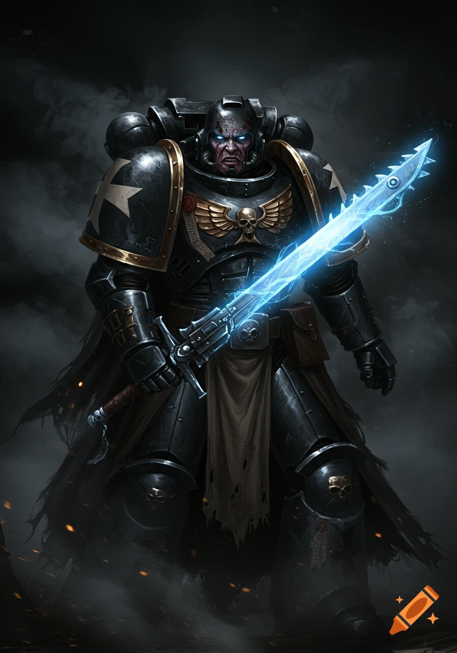 A detailed digital illustration of a Black Templar Space Marine in dark ...