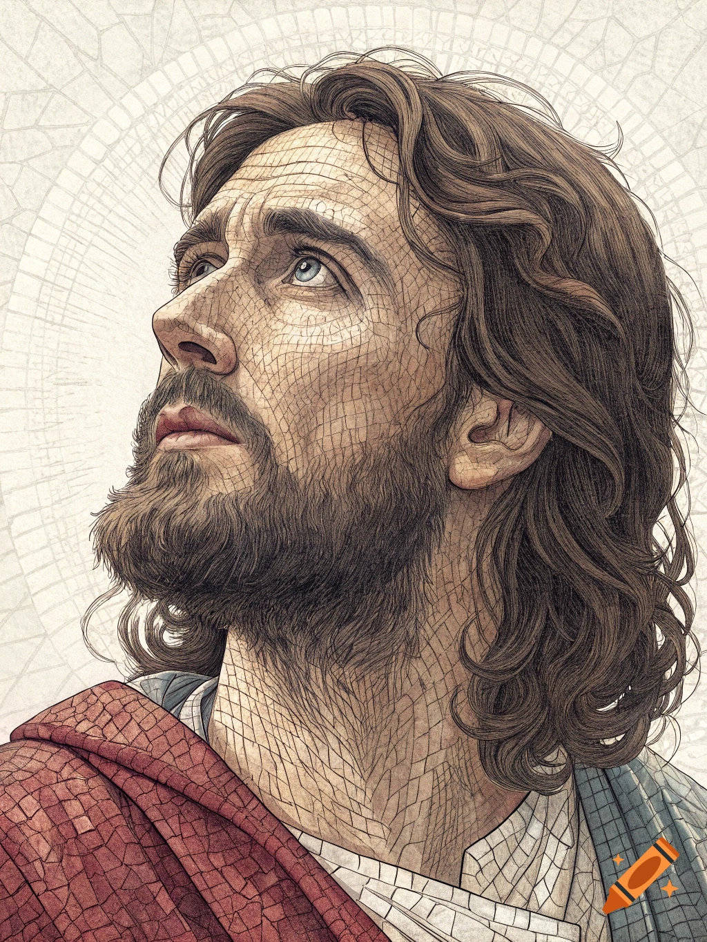 Portrait of Jesus Christ in a grid or mosaic style looking up on Craiyon