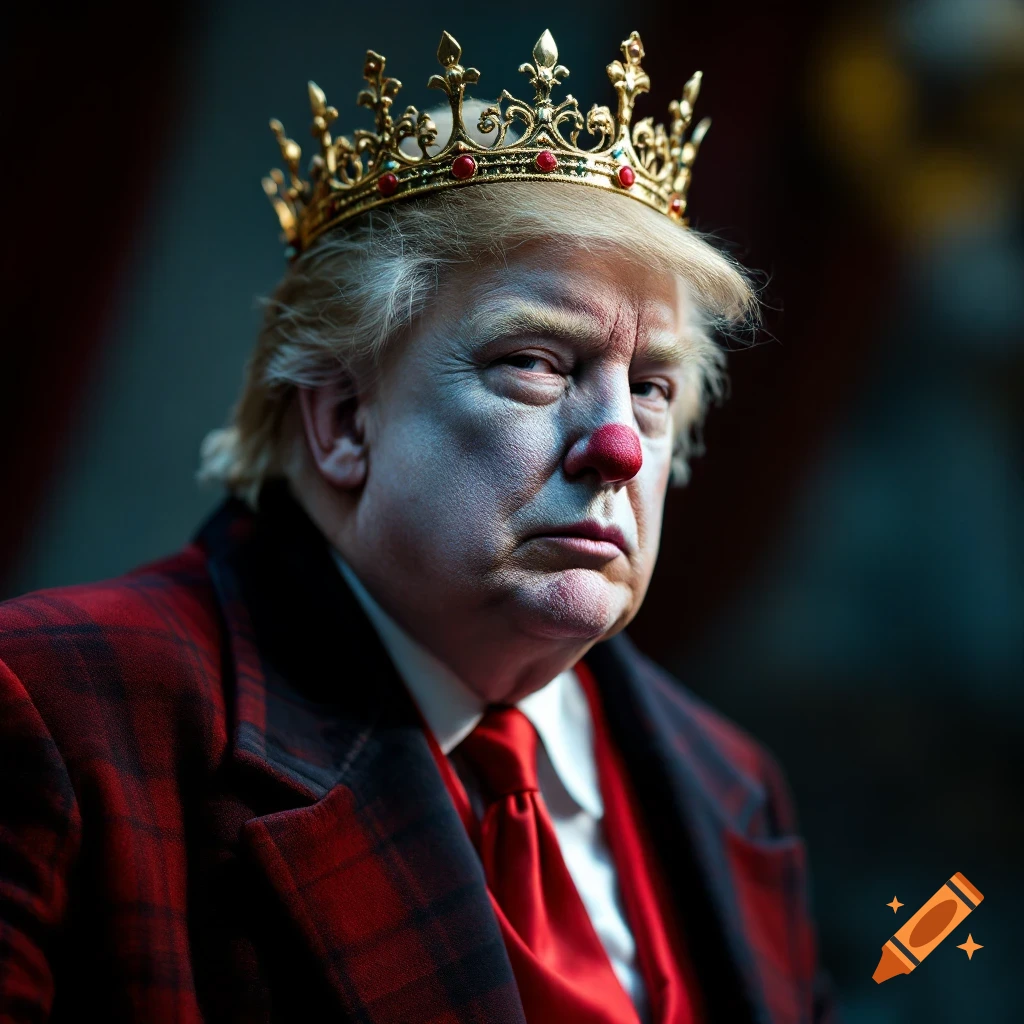 Portrait of Donald Trump wearing clown makeup, red nose, red plaid ...