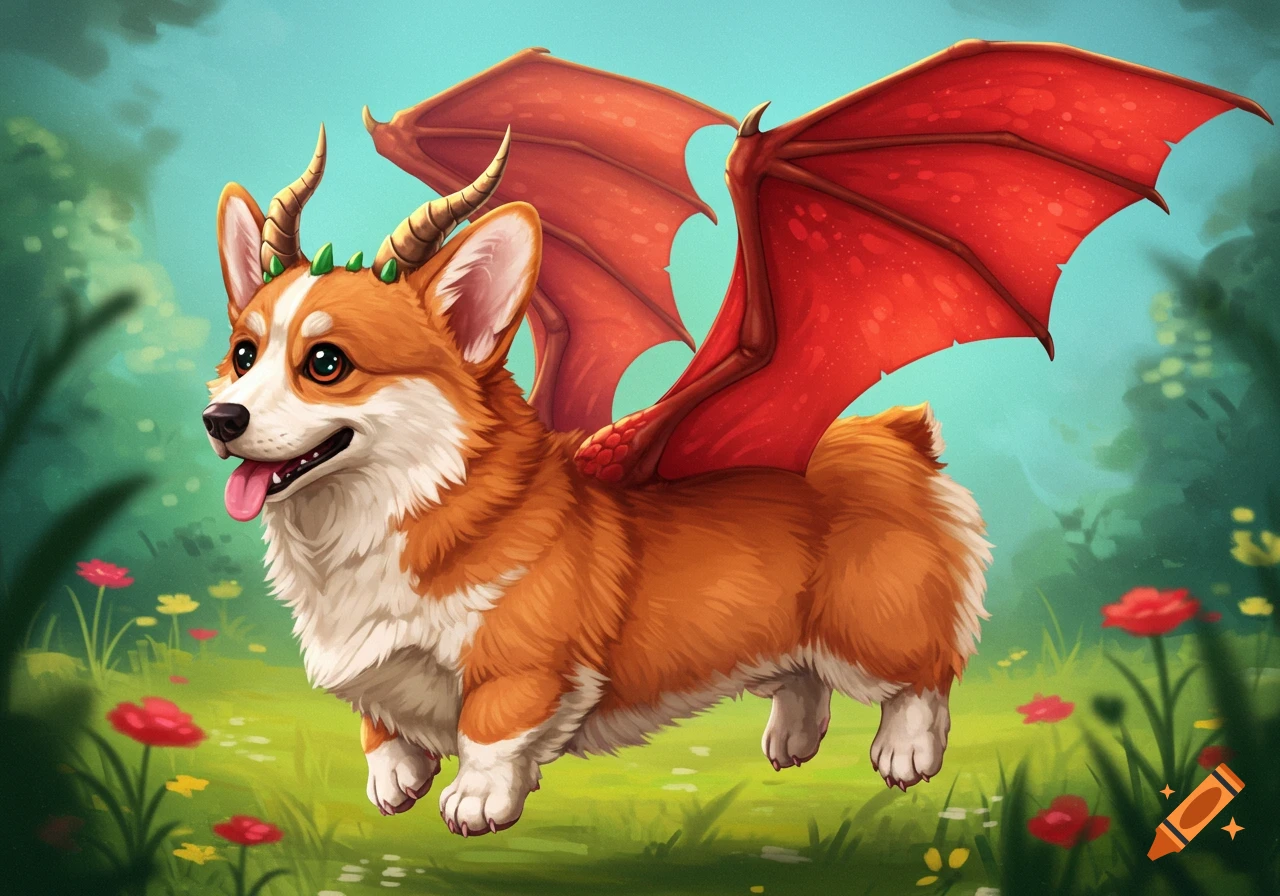 A fluffy corgi with red dragon wings and horns stands in a grassy field ...