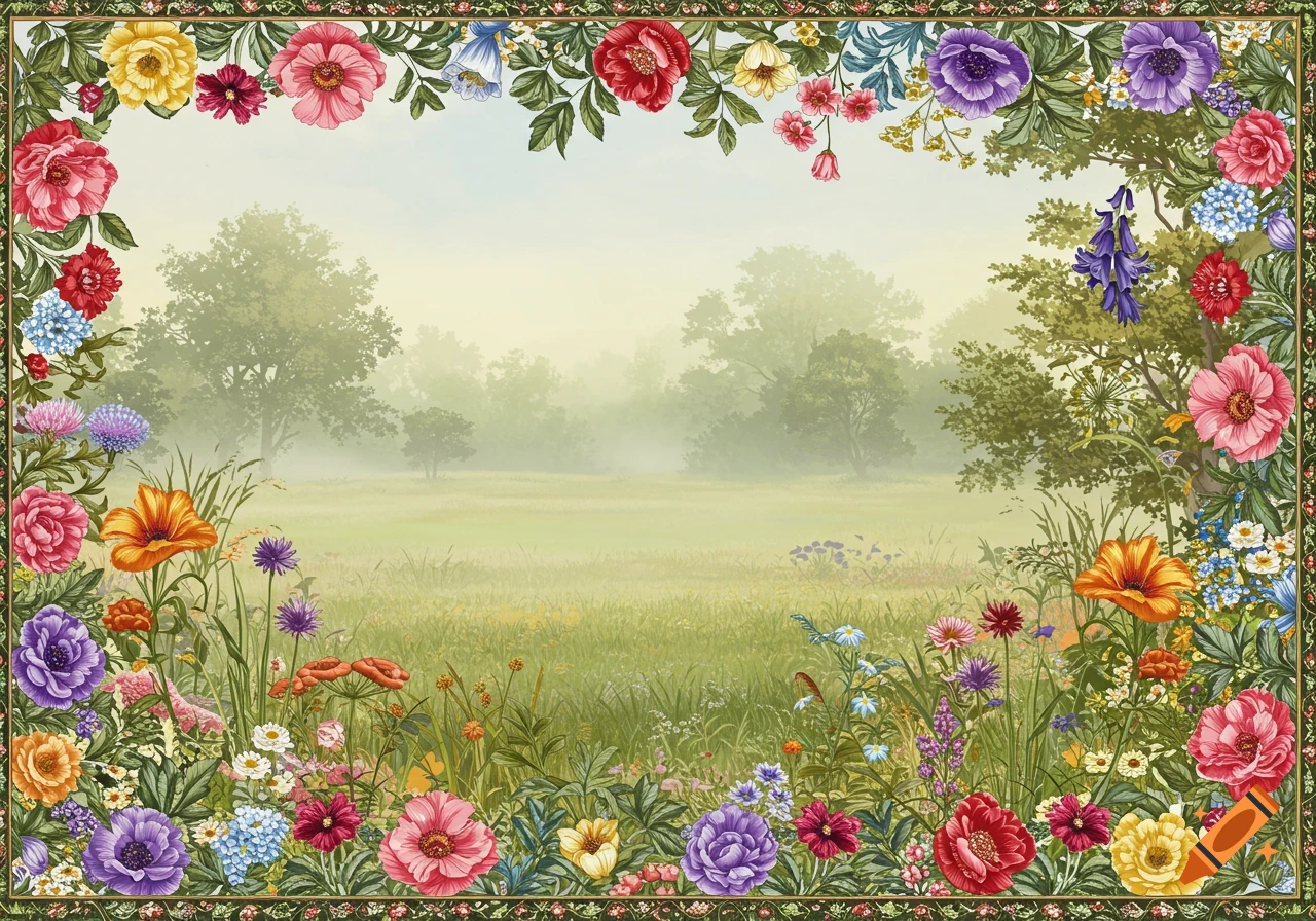 Floral border surrounds a misty landscape with trees and fields ...