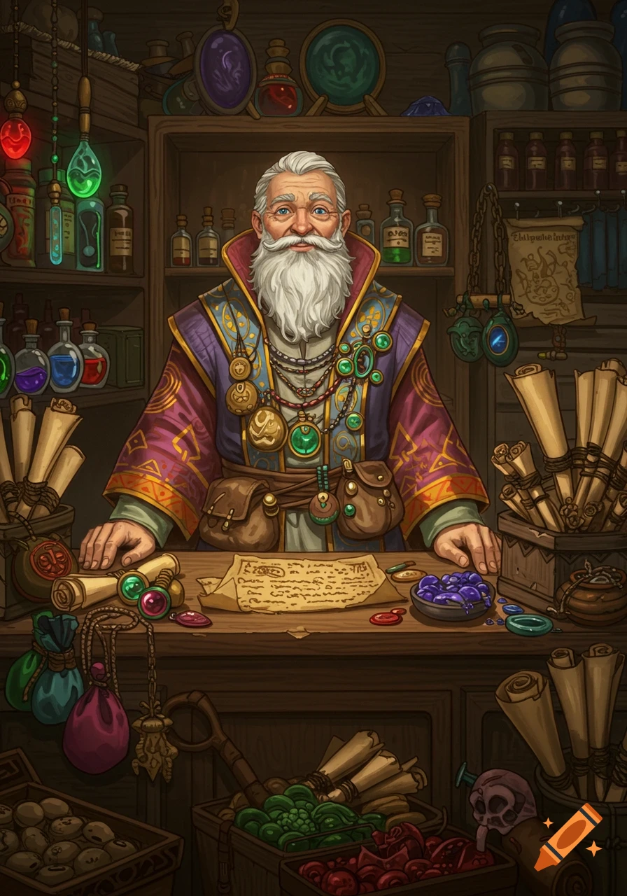 Illustration of an old man fantasy merchant with a white beard behind a ...