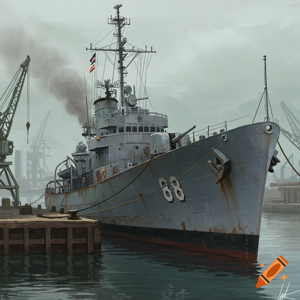 An illustration of a grey military ship docked in a port, showing rust ...