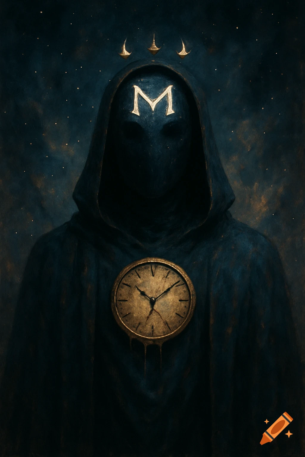Mysterious hooded figure with M symbol and clock against starry ...