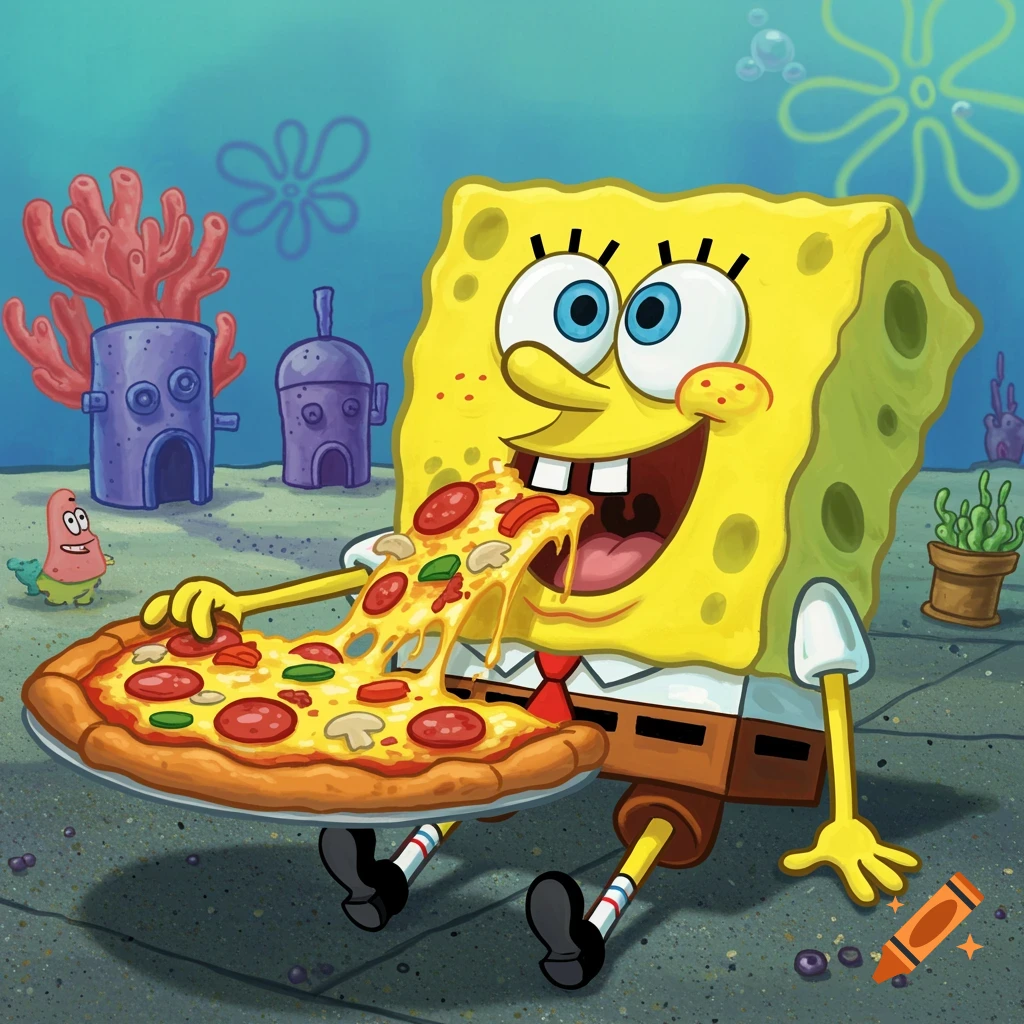 Spongebob Squarepants happily eats a large slice of pizza underwater on ...